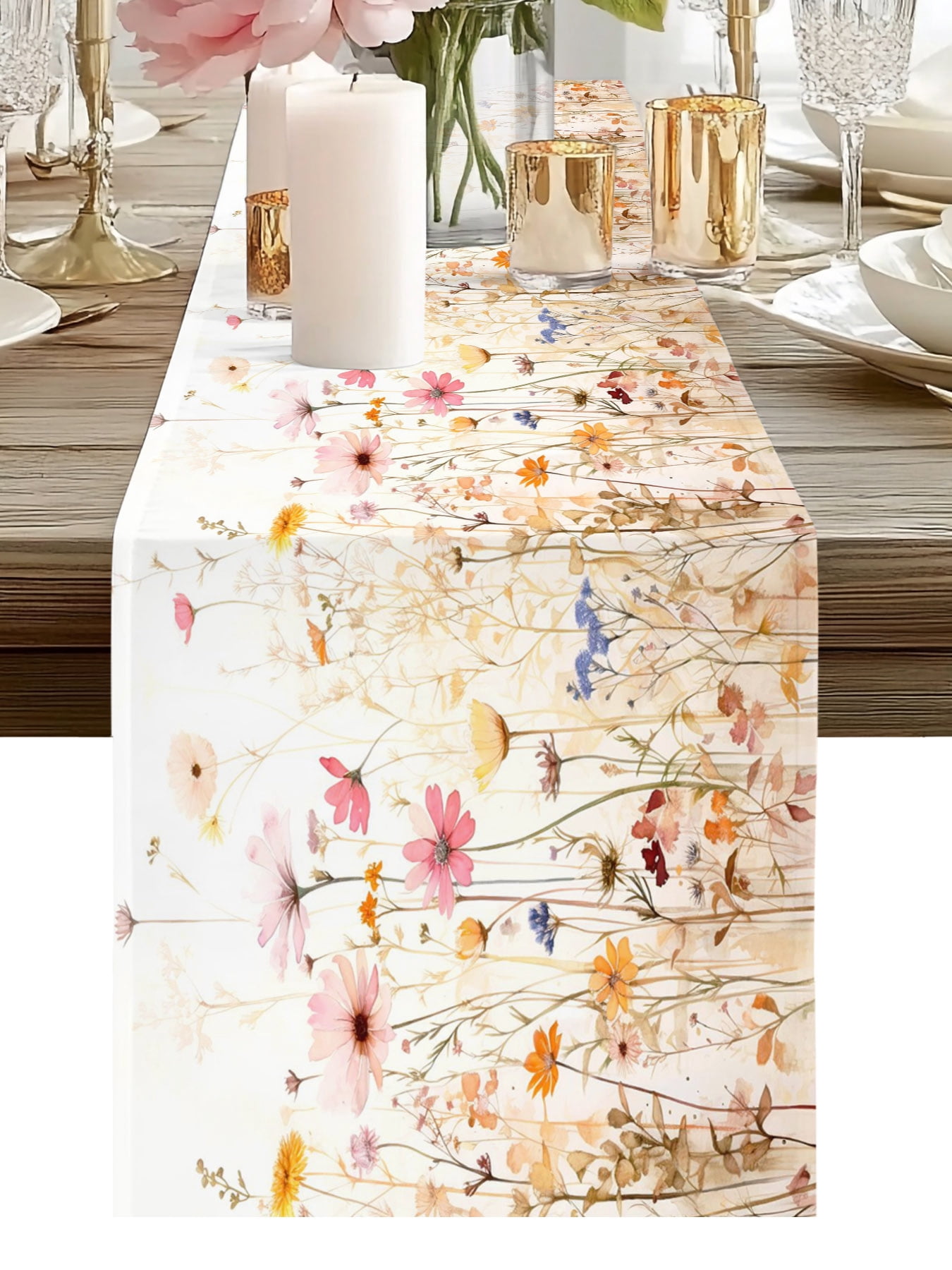 Burlap Table Runner 90 Inches Long, Farm Flowers Leaves Plant Non-Slip ...
