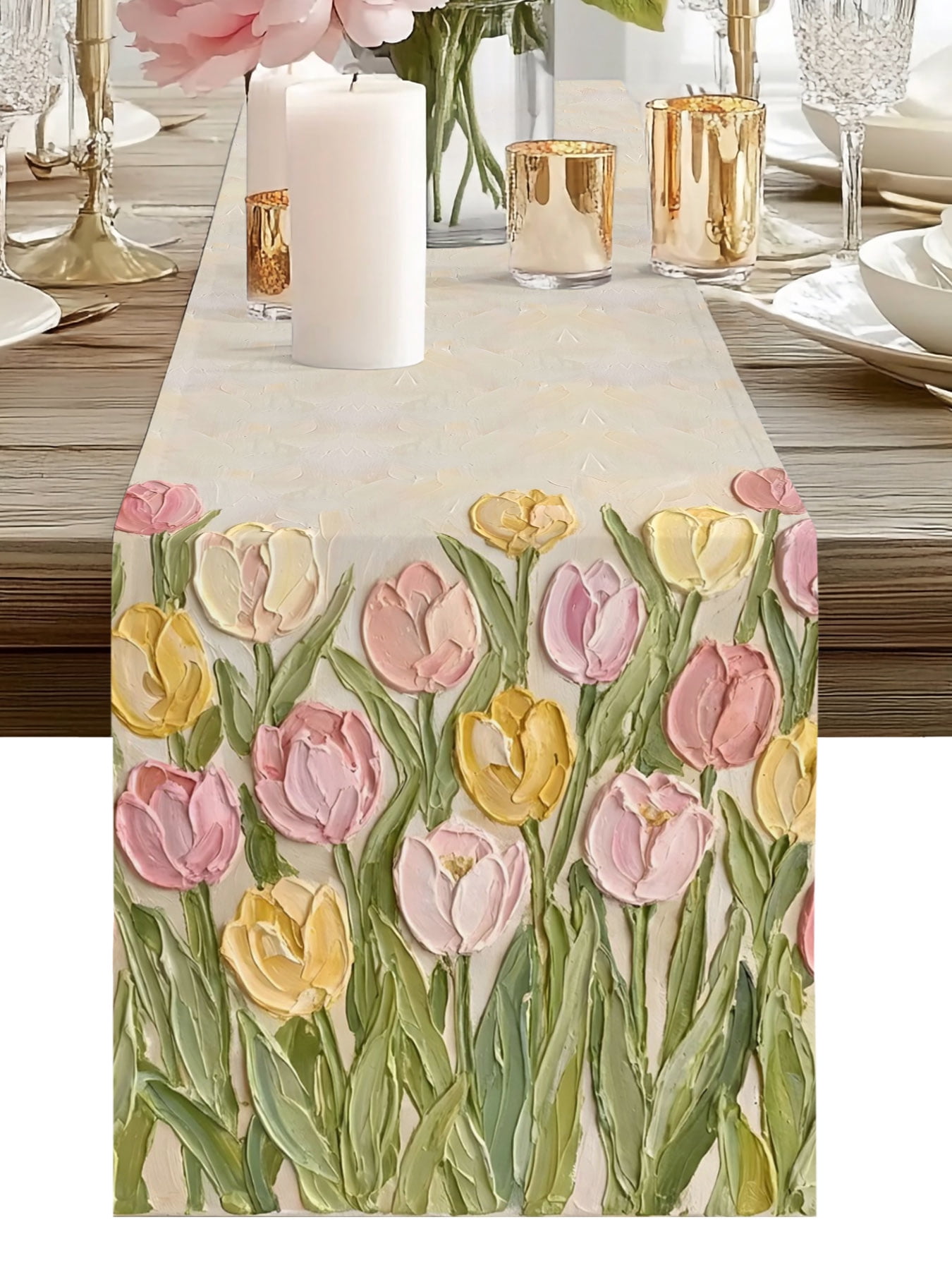 Burlap Table Runner 90 Inches Long, Farm Flowers Tulip Field Non-Slip ...