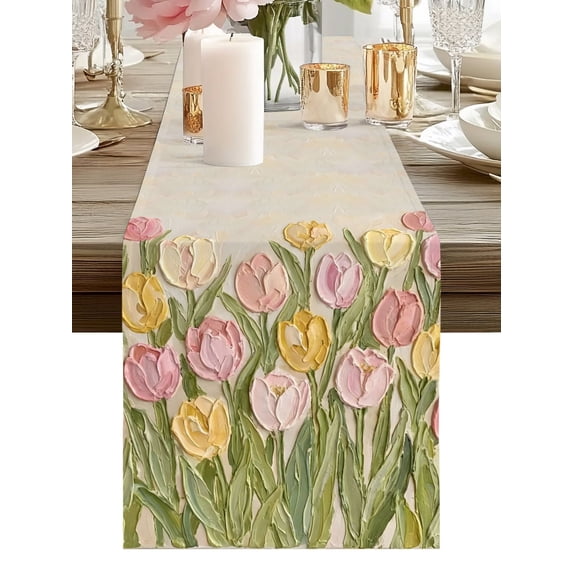 Burlap Table Runner 90 Inches Long, Farm Flowers Tulip Field Non-Slip ...