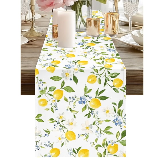 Burlap Table Runner 90 Inches Long, Farm Lemon Spring Flower on White ...