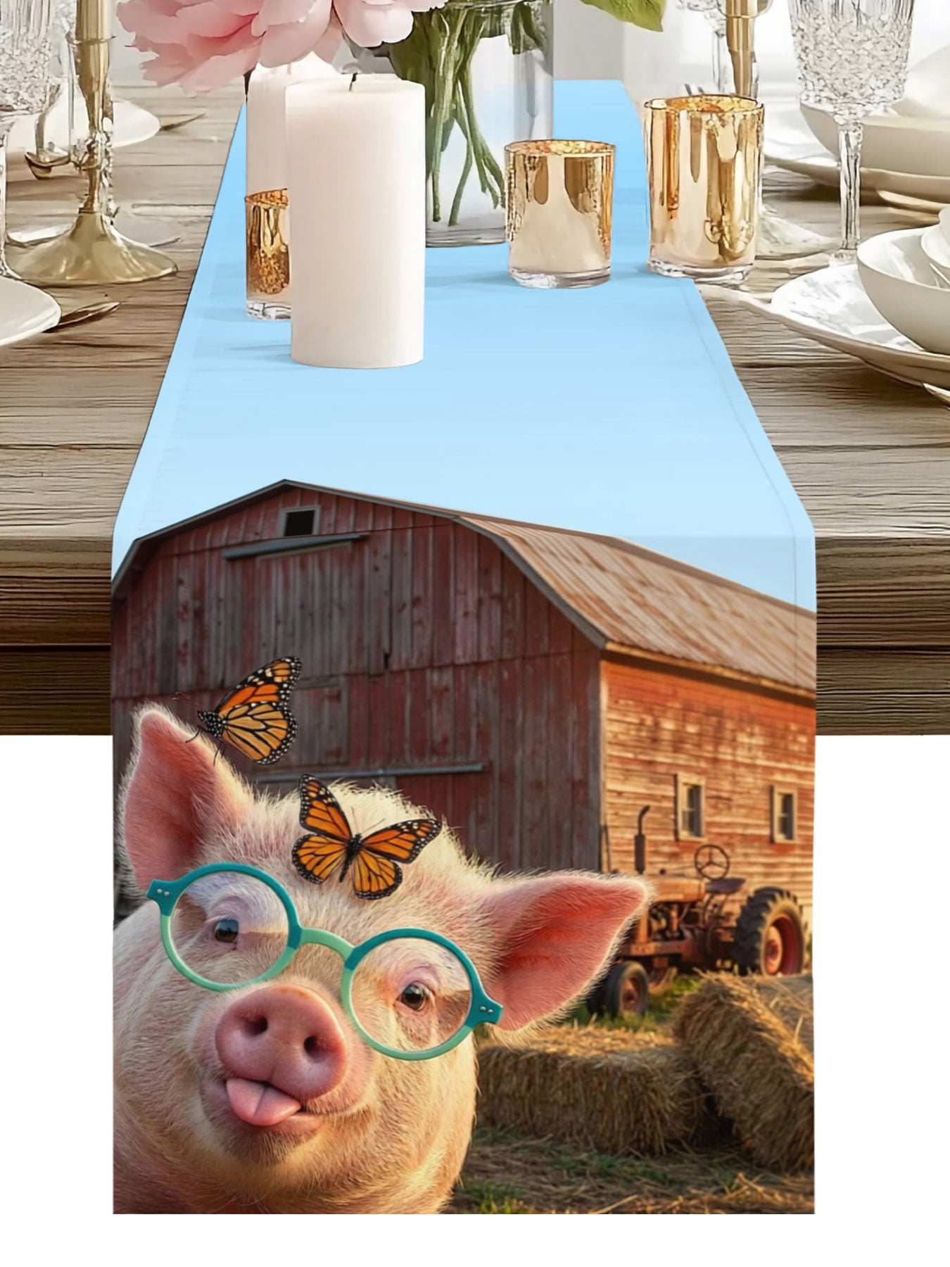 Burlap Table Runner 90 Inches Long, Farm Pigs Butterflies Non-Slip ...