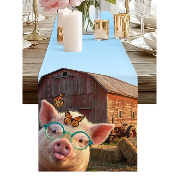 Burlap Table Runner 90 Inches Long, Farm Pigs Butterflies Non-Slip ...