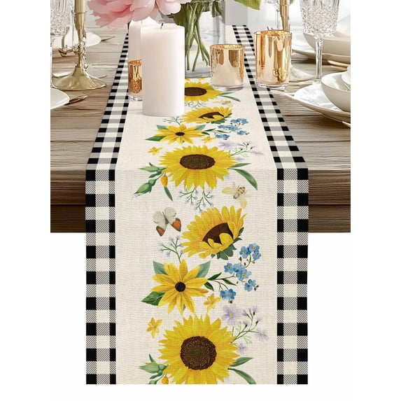 Burlap Table Runner 90 Inches Long, Farm Sunflower Black Check Retro ...