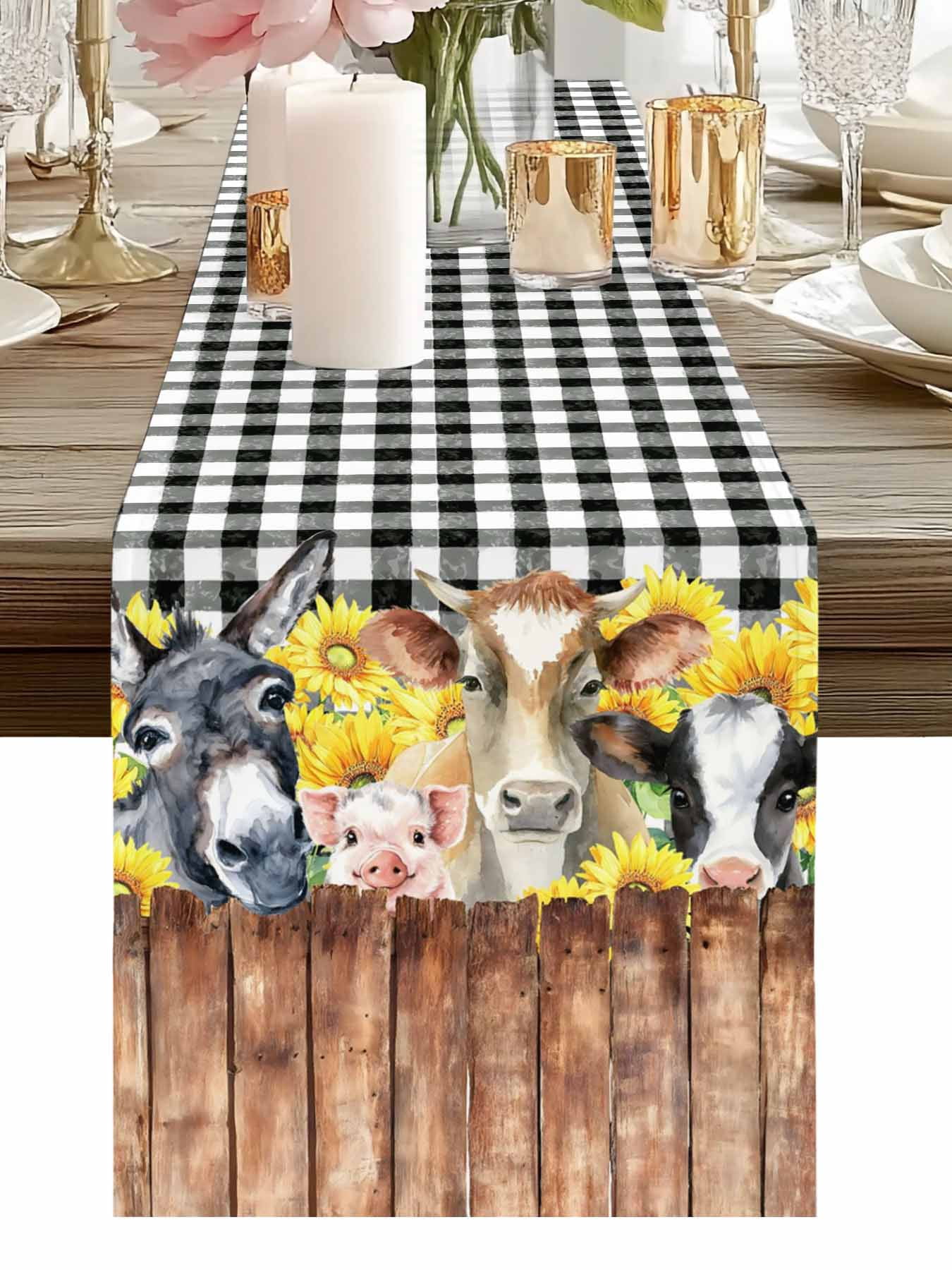 Burlap Table Runner 90 Inches Long, Farm Sunflower Pigs Cows Donkeys ...
