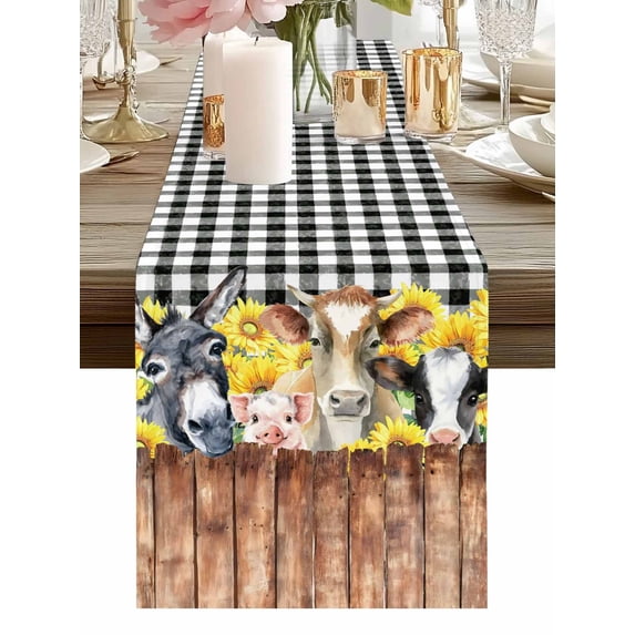 Burlap Table Runner 90 Inches Long, Farm Sunflower Pigs Cows Donkeys ...