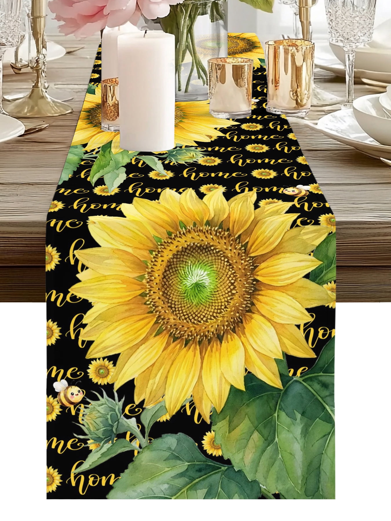 Burlap Table Runner 90 Inches Long, Farm Sunflowers Bees Non-Slip ...