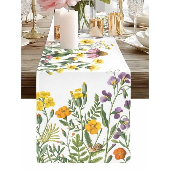 Burlap Table Runner 90 Inches Long, Farm Watercolor Wildflower Leaves ...