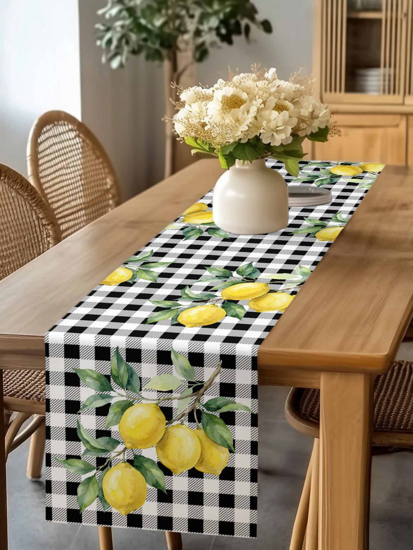 Burlap Table Runner 90 Inches Long, Farm Yellow Lemon Green Leaves Non ...