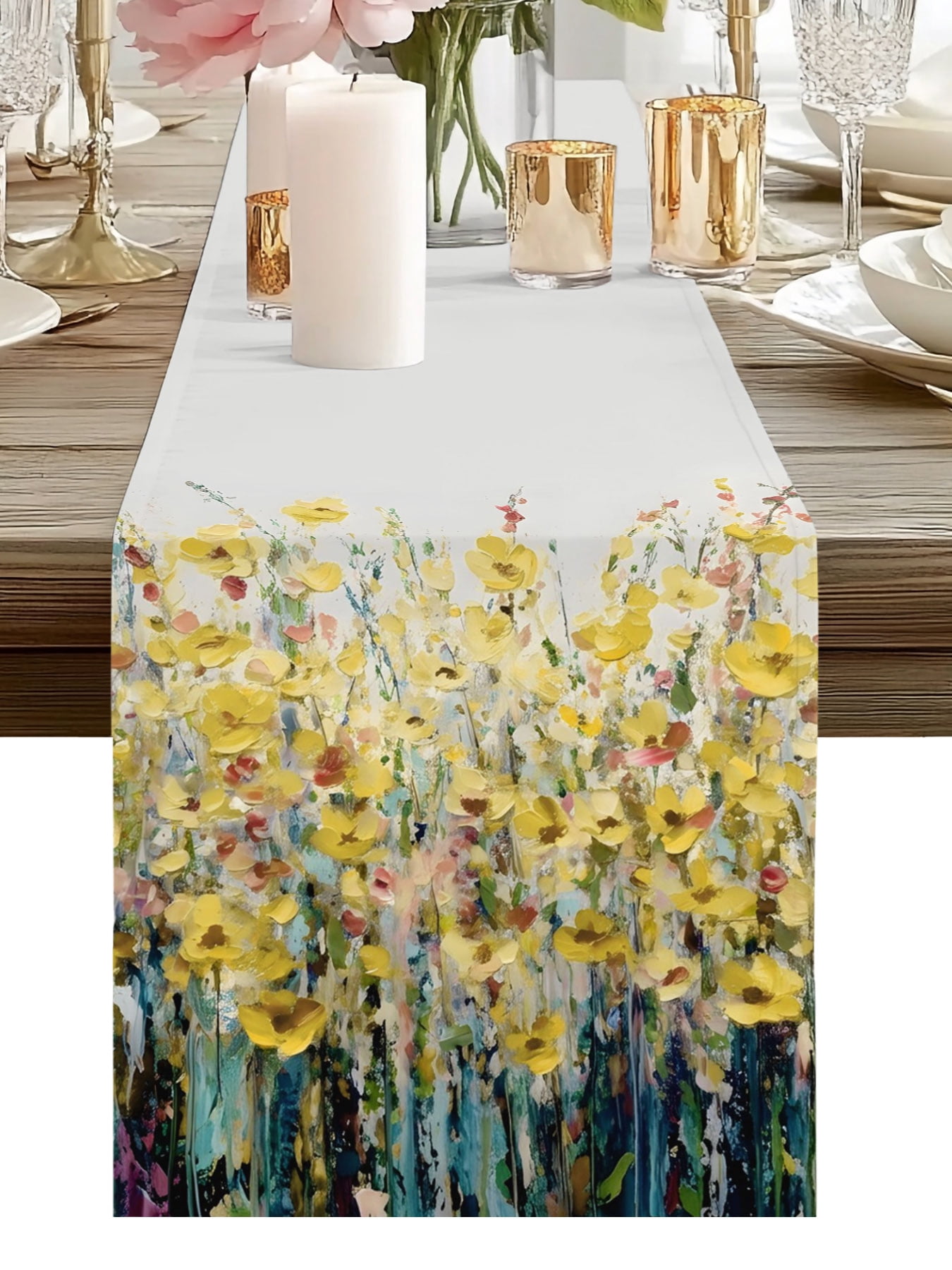 Burlap Table Runner 90 Inches Long, Farmhouse Daisy Flower Oil Painting ...