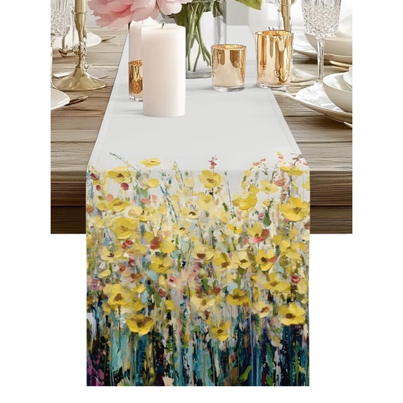 Burlap Table Runner 90 Inches Long, Farmhouse Daisy Flower Oil Painting ...