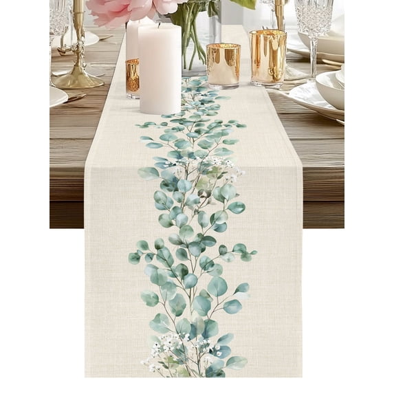 Burlap Table Runner 90 Inches Long, Farmhouse Eucalyptus Leaves Non ...