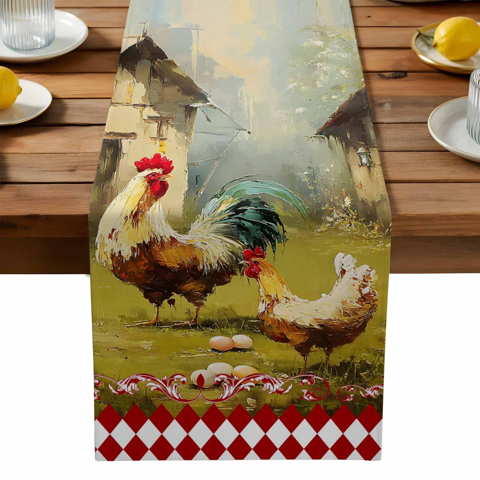 Burlap Table Runner 90 Inches Long,Farmhouse Hens Rooster Floral Non ...