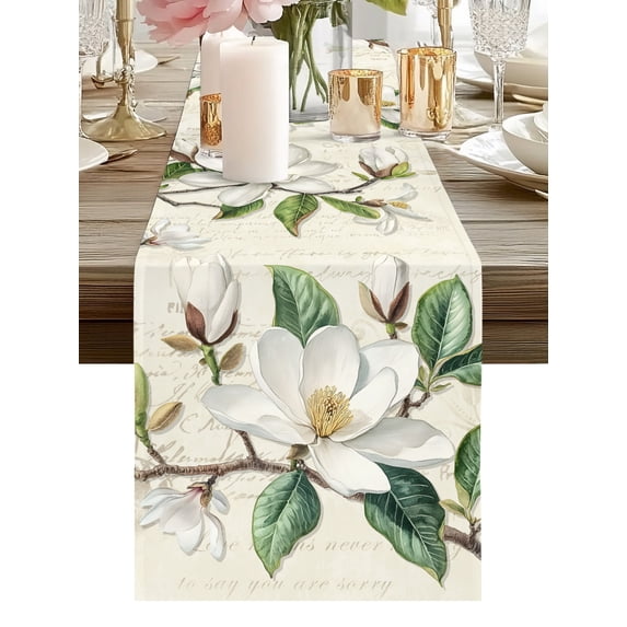 Burlap Table Runner 90 Inches Long, Farmhouse Magnolia Flowers on ...