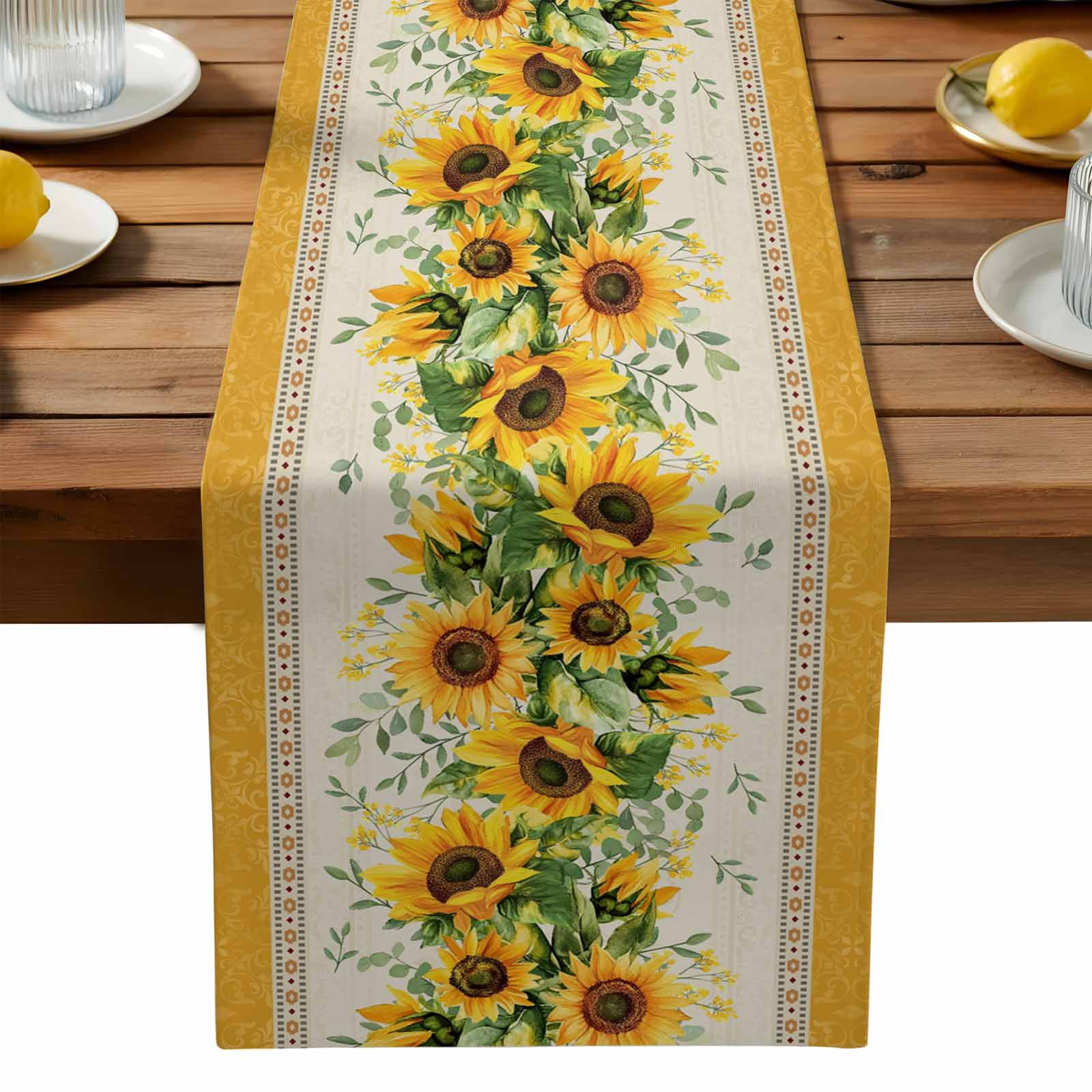 Burlap Table Runner 90 Inches Long, Farmhouse Sunflower Green Leaves ...