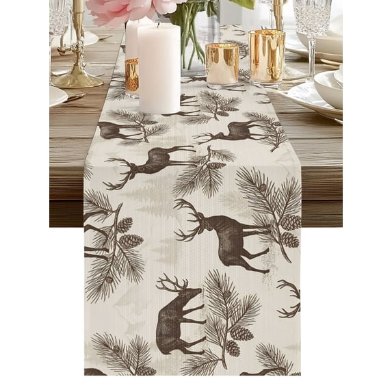 Burlap Table Runner 90 Inches Long, Forest Deer Pinecone Leaf Non-Slip ...