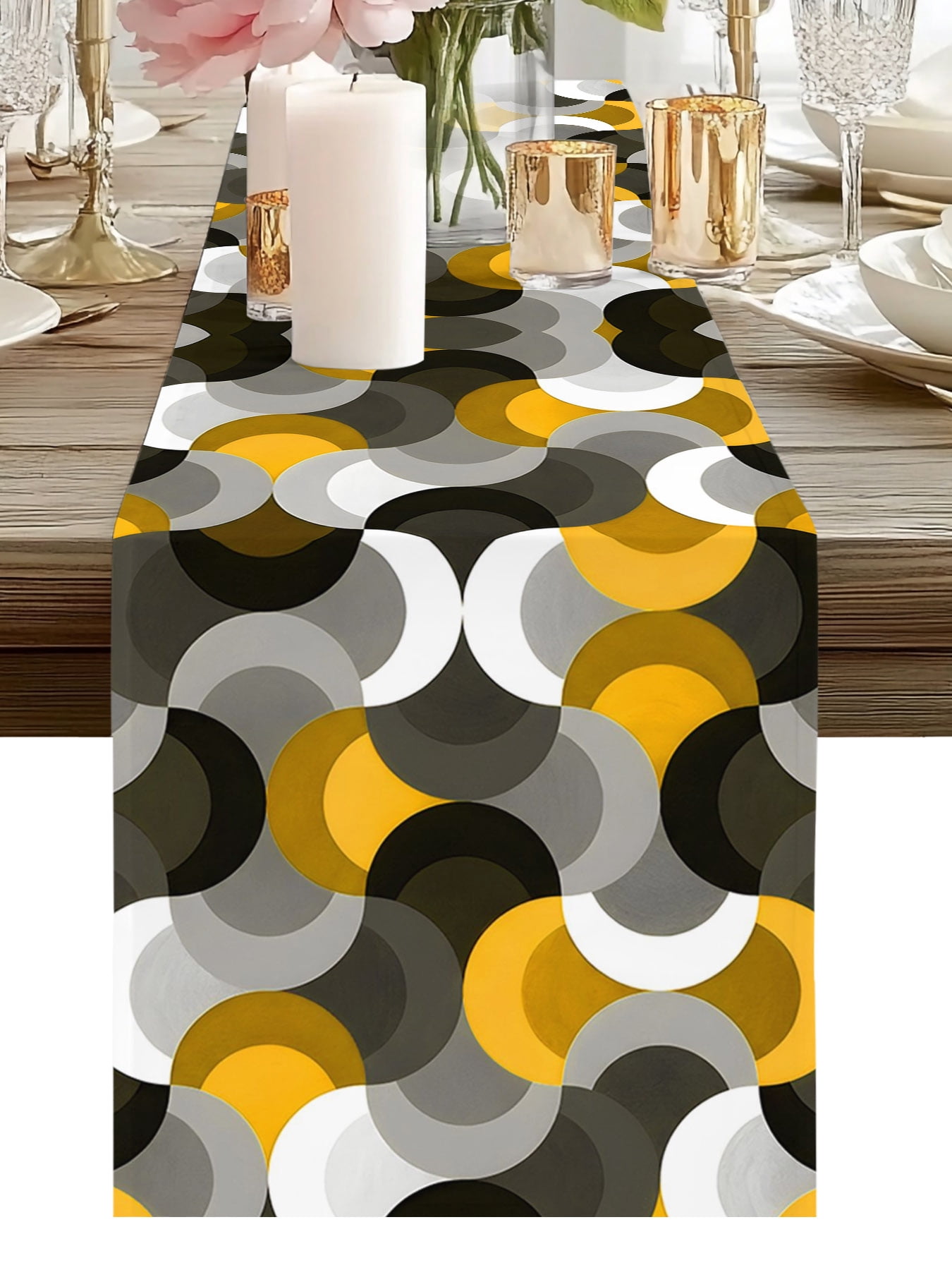 Burlap Table Runner 90 Inches Long, Geometric Black Yellow Gray Non ...