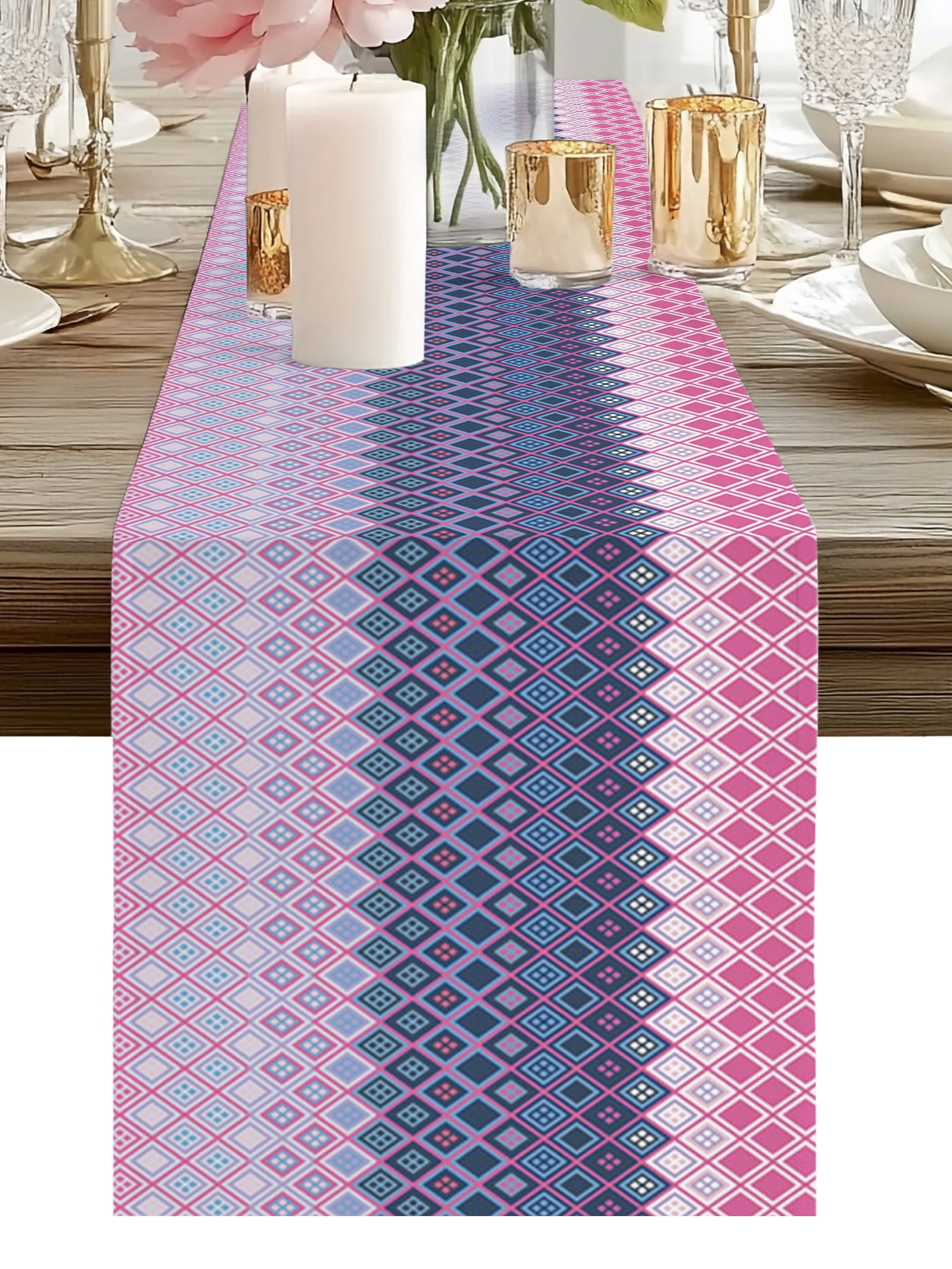 Burlap Table Runner 90 Inches Long, Geometric Diamond Checker Rhombus ...