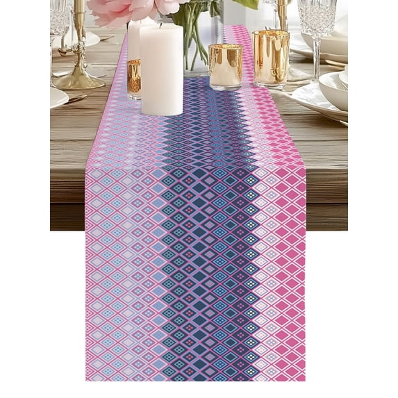 Burlap Table Runner 90 Inches Long, Geometric Diamond Checker Rhombus ...