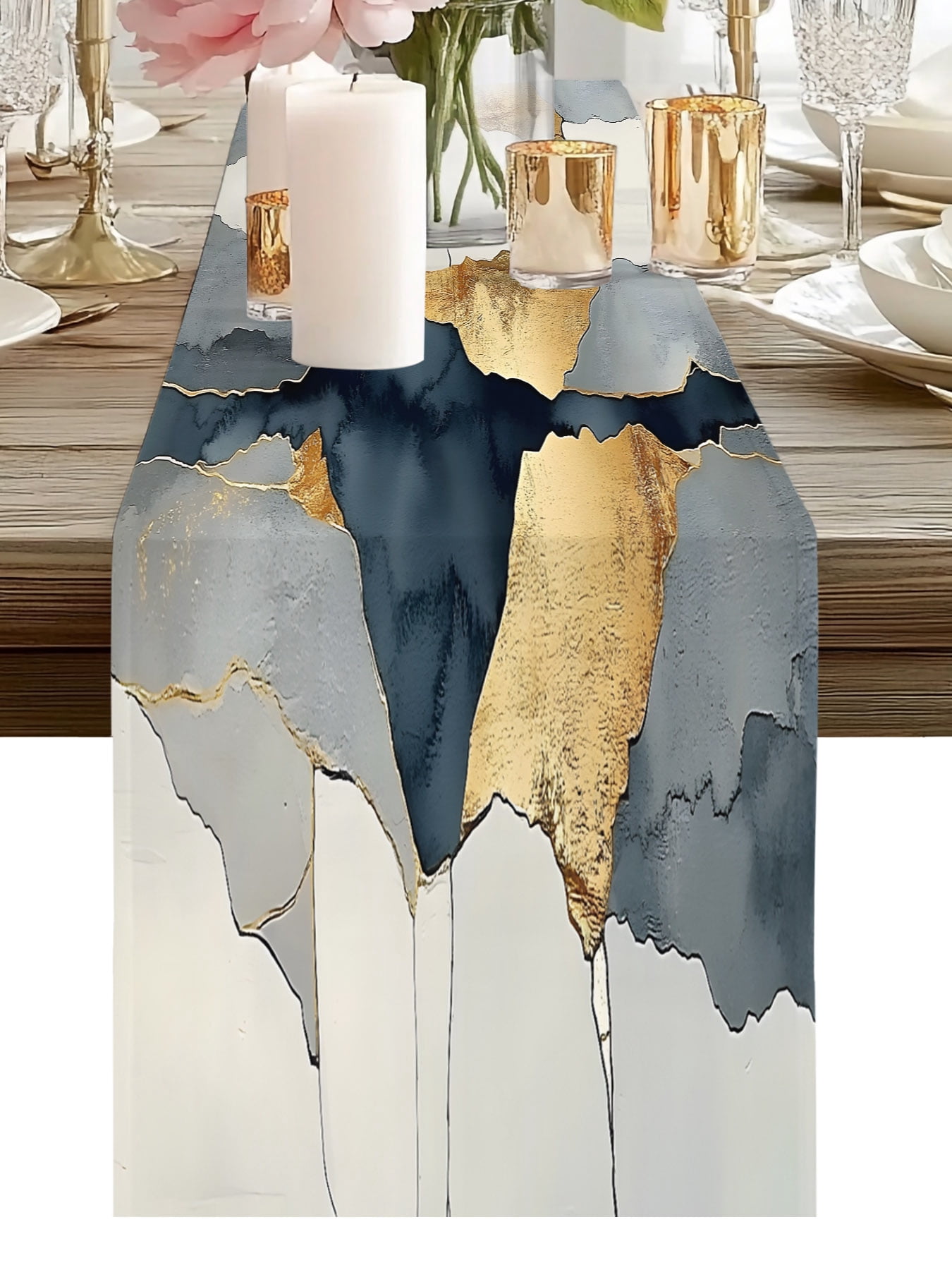 Burlap Table Runner 90 Inches Long, Gold Color Block Grey Non-Slip ...