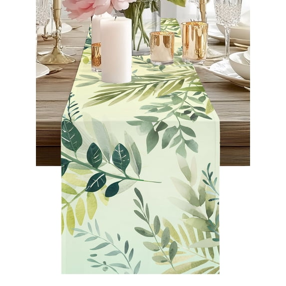 Burlap Table Runner 90 Inches Long, Gradient Green Leaves Botanical Non ...