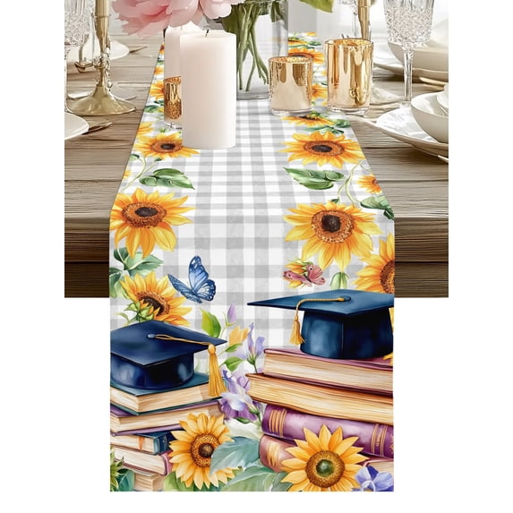 Burlap Table Runner 90 Inches Long, Graduation Cap Farm Sunflowers Non ...