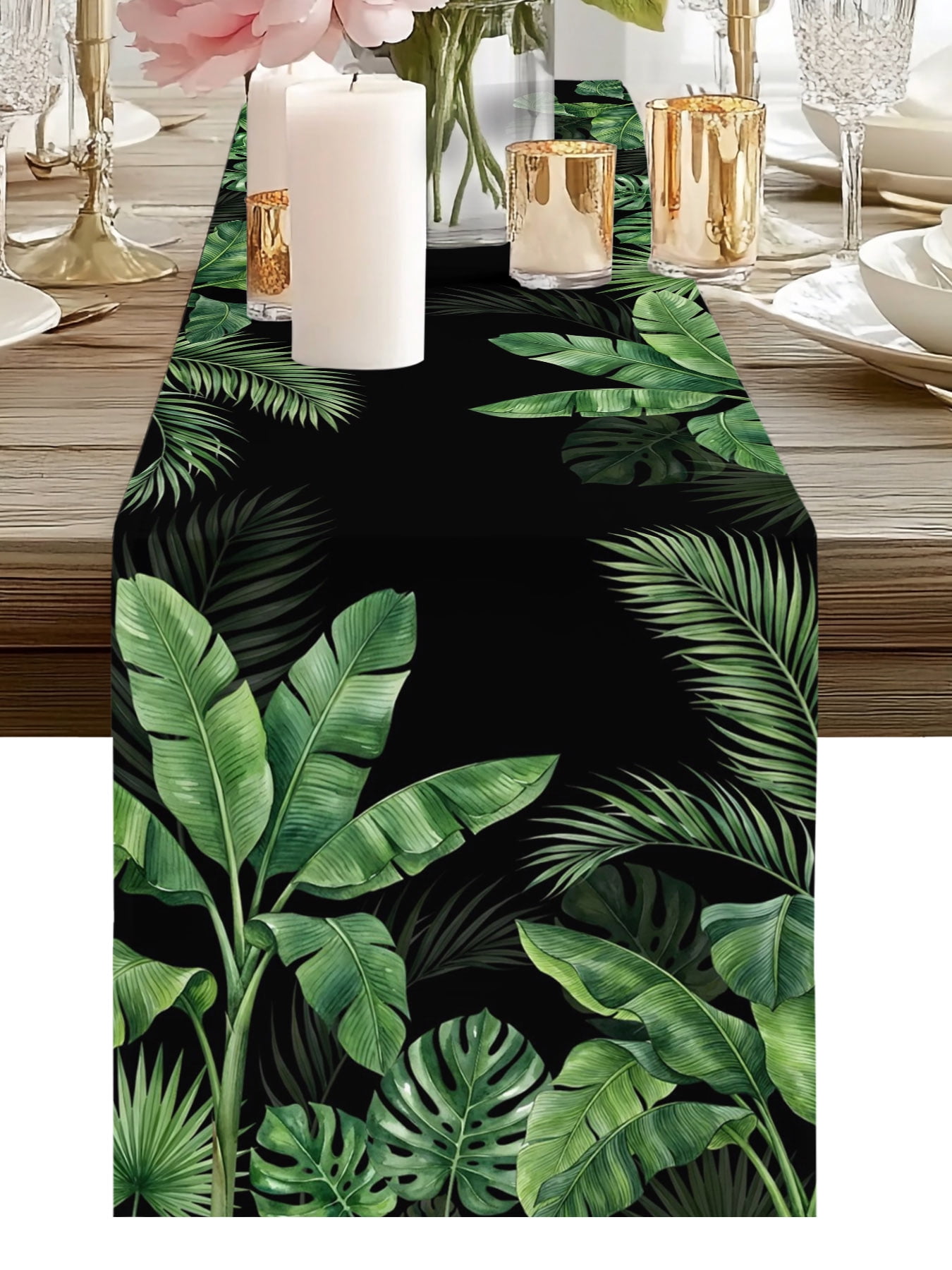 Burlap Table Runner 90 Inches Long, Green Palm Leaf Monstera on Black ...