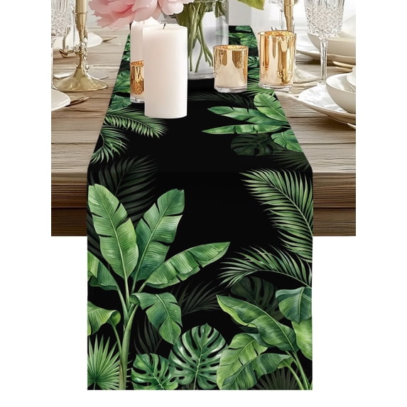 Burlap Table Runner 90 Inches Long, Green Palm Leaf Monstera on Black ...
