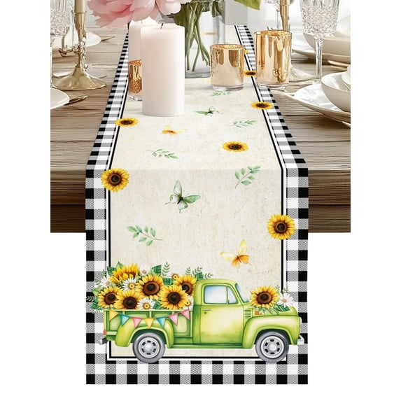 Burlap Table Runner 90 Inches Long, Green Truck Pastoral Sunflower Non ...