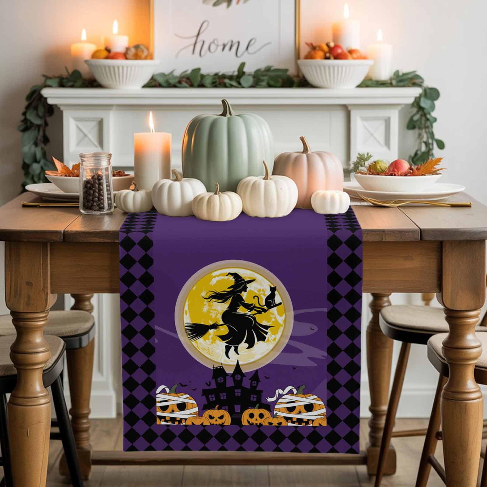 Burlap Table Runner 90 Inches Long,Halloween Full Moon Witch Riding ...