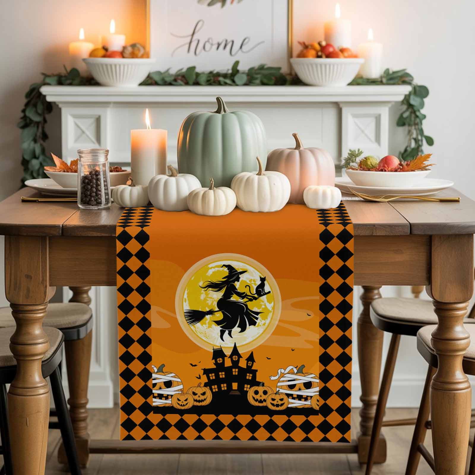 Burlap Table Runner 90 Inches Long,Halloween Moon Witch Broom Haunted ...