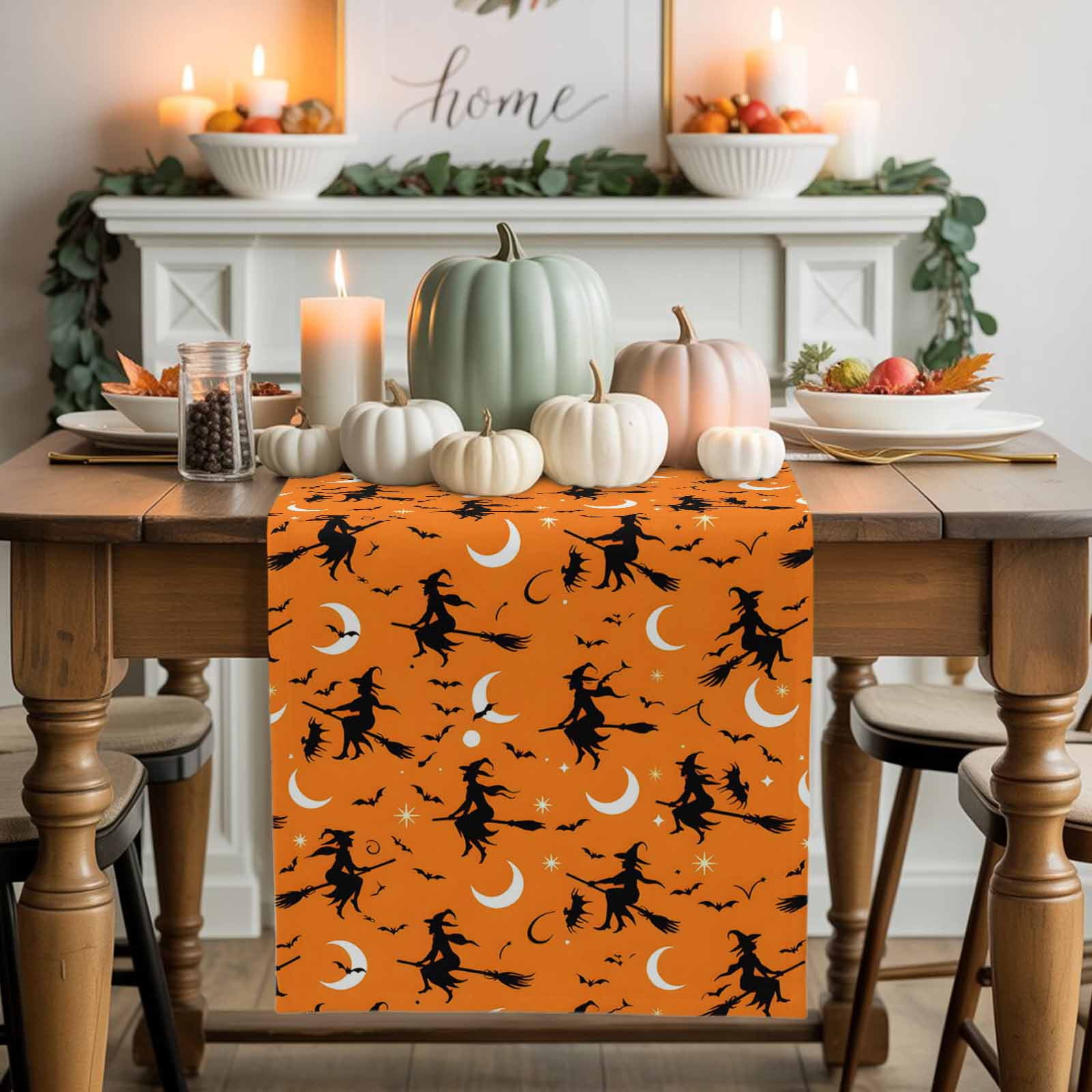 Burlap Table Runner 90 Inches Long,Halloween Witch Moon on Orange Non ...