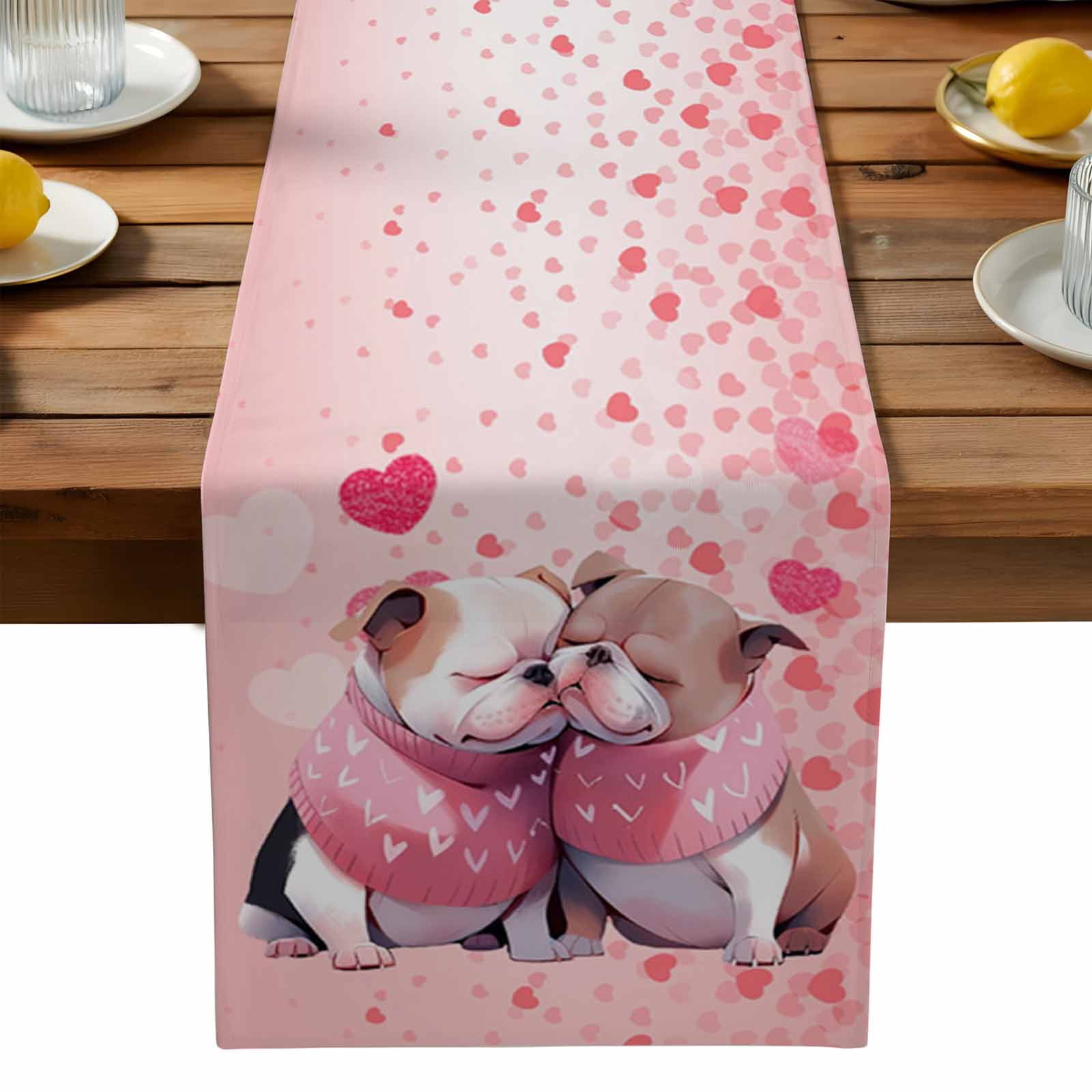 Burlap Table Runner 90 Inches Long, Happy Valentine's Dogs Snuggling Up ...