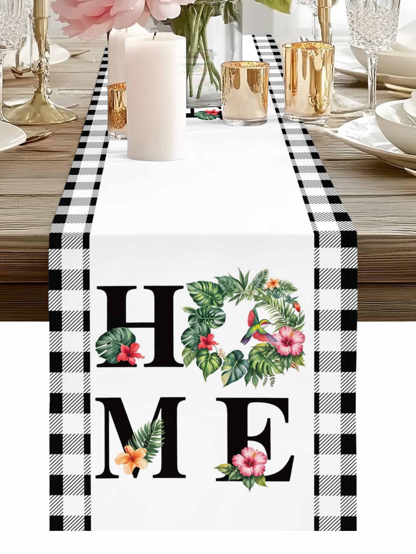 Burlap Table Runner 90 Inches Long, Home Words Summer Flowers Non-Slip ...
