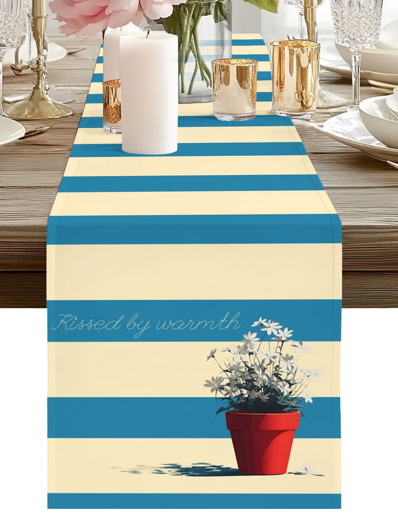 Burlap Table Runner 90 Inches Long, Light Yellow Blue Striped Non-Slip ...