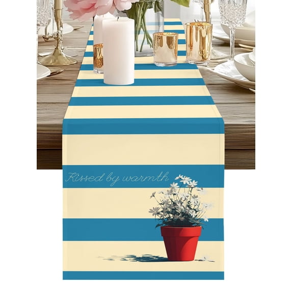 Burlap Table Runner 90 Inches Long, Light Yellow Blue Striped Non-Slip ...