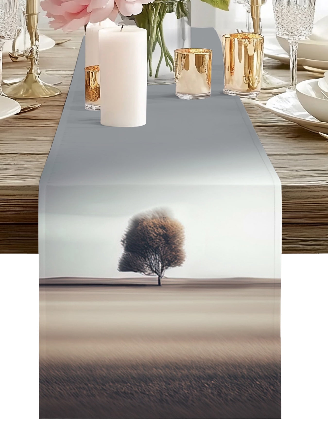 Burlap Table Runner 90 Inches Long, Lonely Tree in Steppe Landscape Non ...