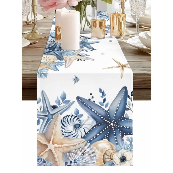 Burlap Table Runner 90 Inches Long, Marine Life Sea Stars Shells Non ...