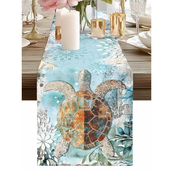 Burlap Table Runner 90 Inches Long, Marine Ocean Turtle Starfish Non ...