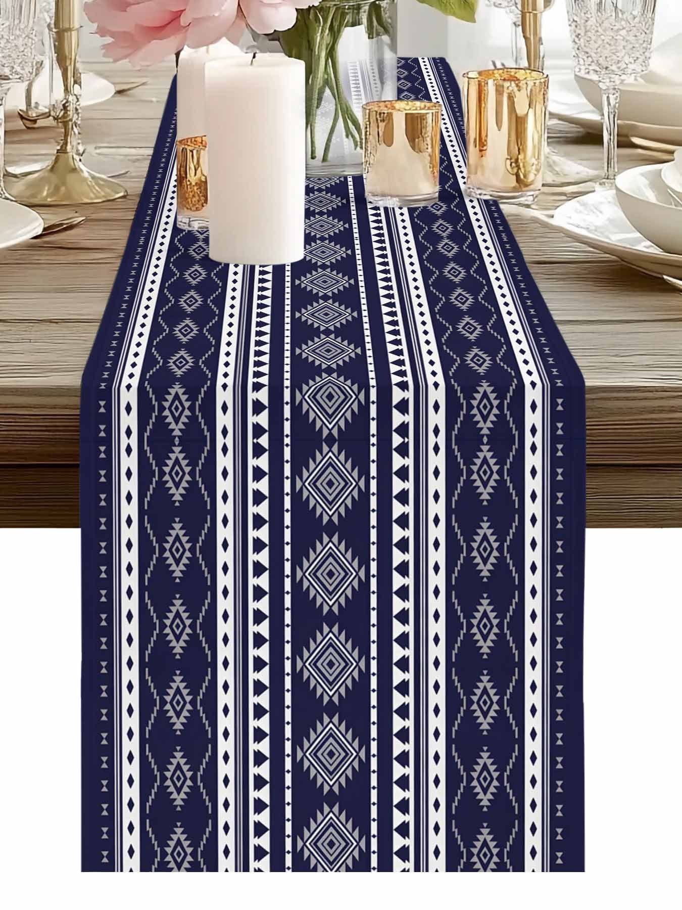 Burlap Table Runner 90 Inches Long, Medieval Aztec Geometric Navy Blue ...