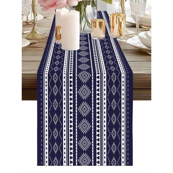 Burlap Table Runner 90 Inches Long, Medieval Aztec Geometric Navy Blue ...