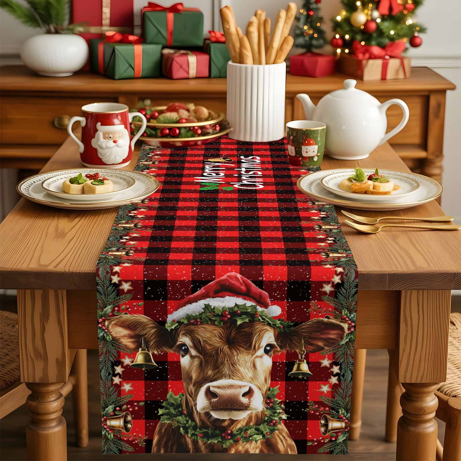 Burlap Table Runner 90 Inches Long,Merry Christmas Farm Aniaml Non-Slip ...