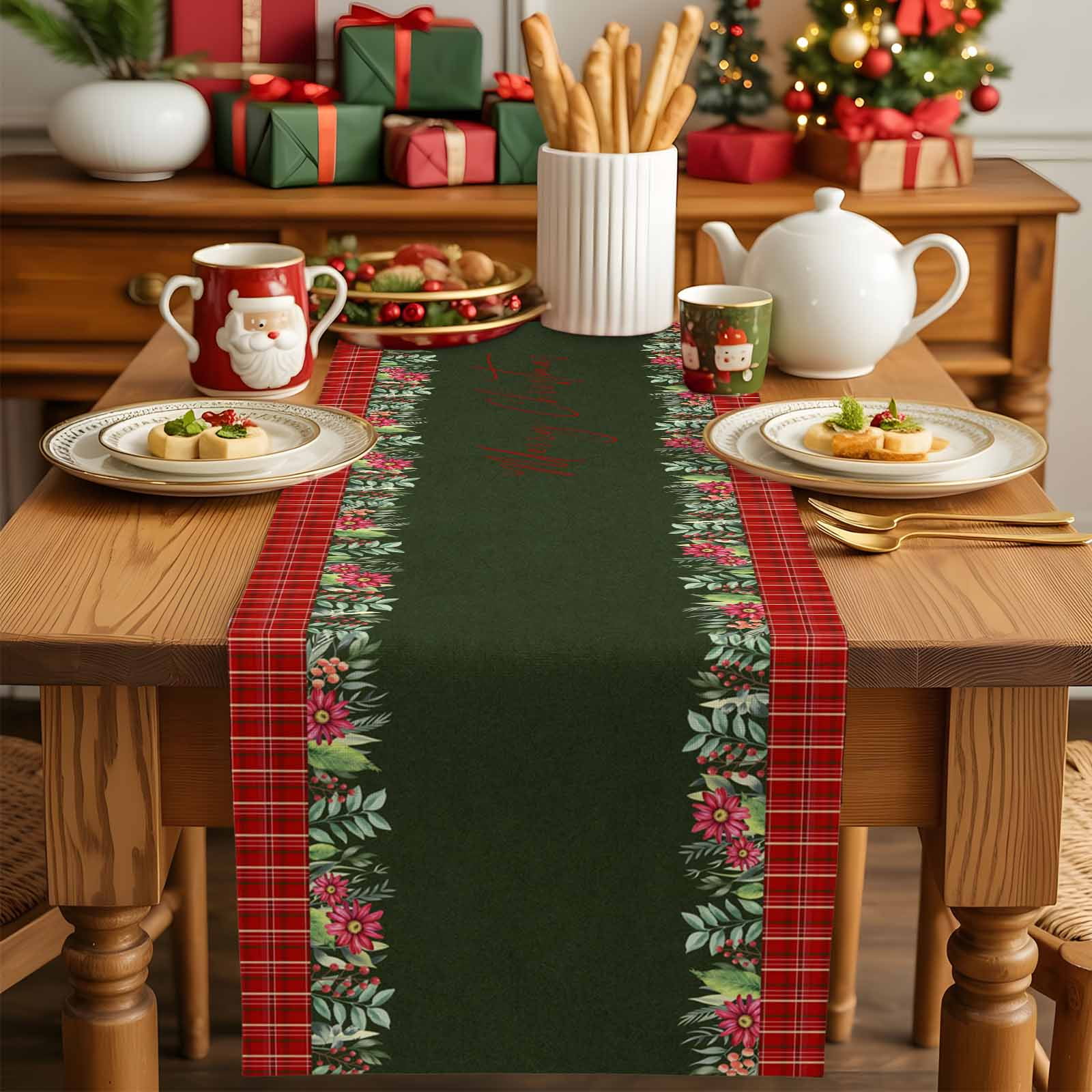 Burlap Table Runner 90 Inches Long,Merry Christmas Poinsettia Green ...