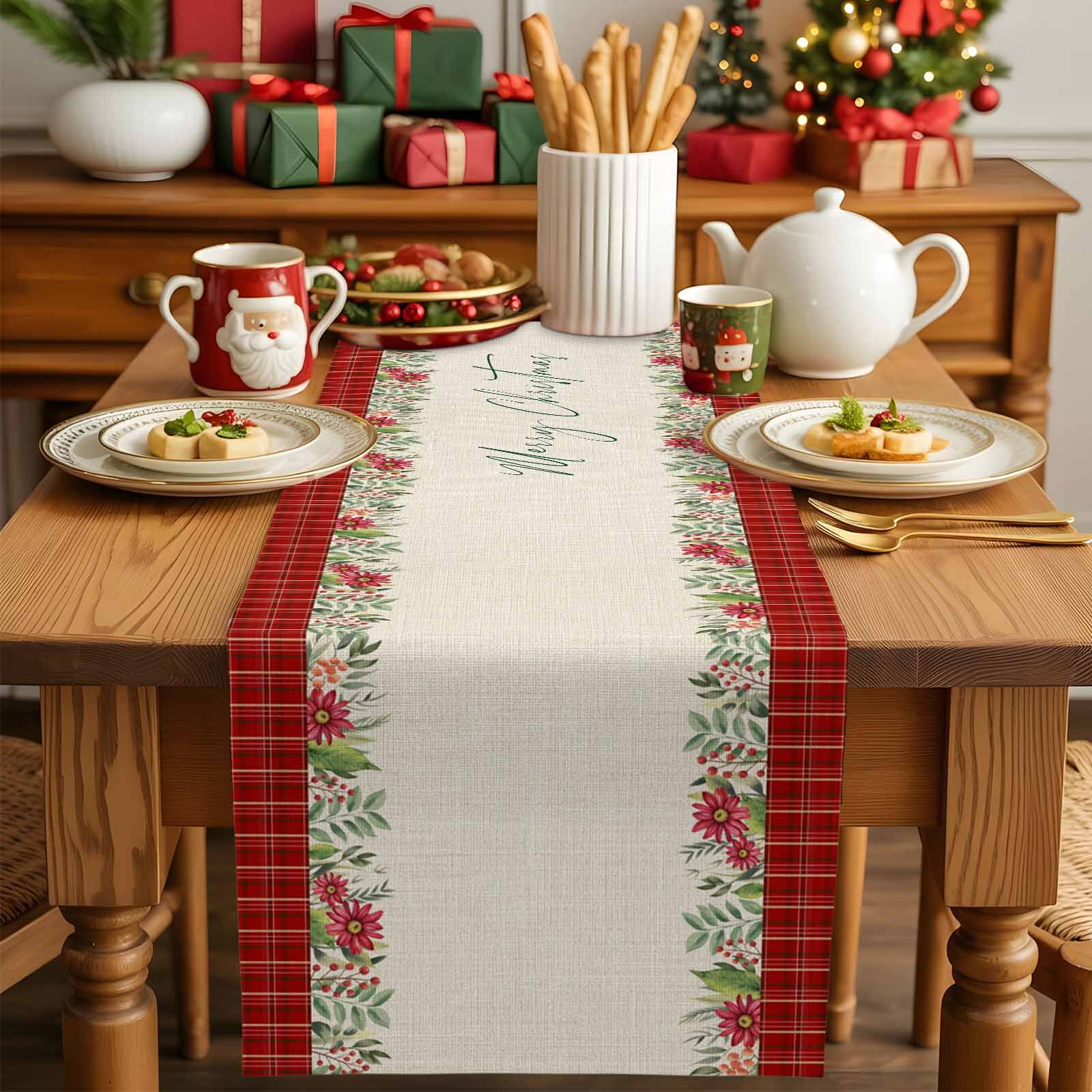 Burlap Table Runner 90 Inches Long,Merry Christmas Poinsettia Red Berry ...