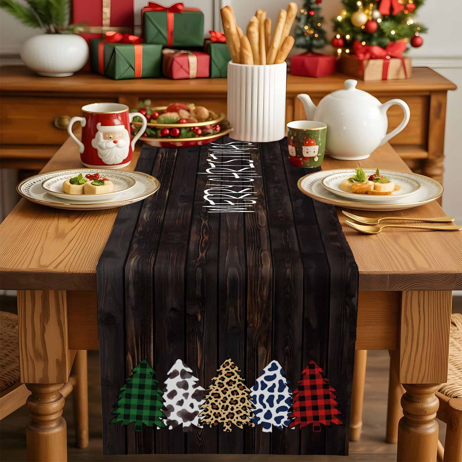 Burlap Table Runner 90 Inches Long,Merry Christmas Tree Animal Skin ...