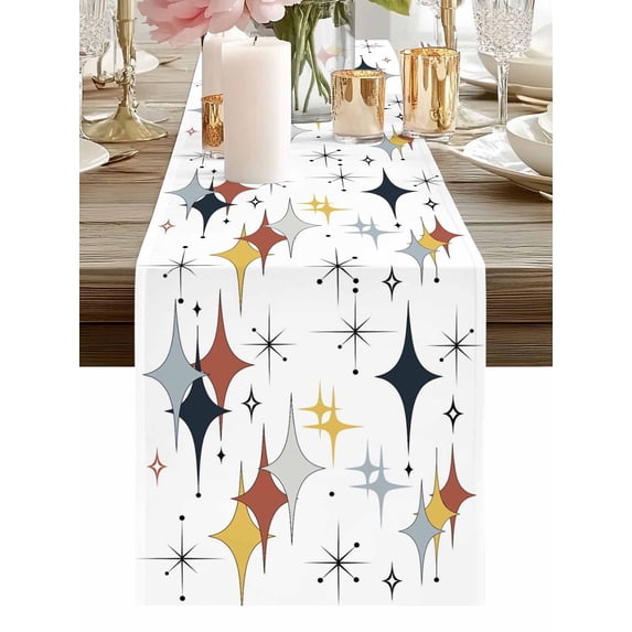 Burlap Table Runner 90 Inches Long, Mid Century Rhombus on White Non ...