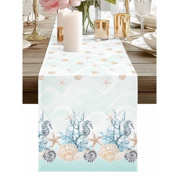 Burlap Table Runner 90 Inches Long, Mini Shell Summer Ocean Coral Non ...