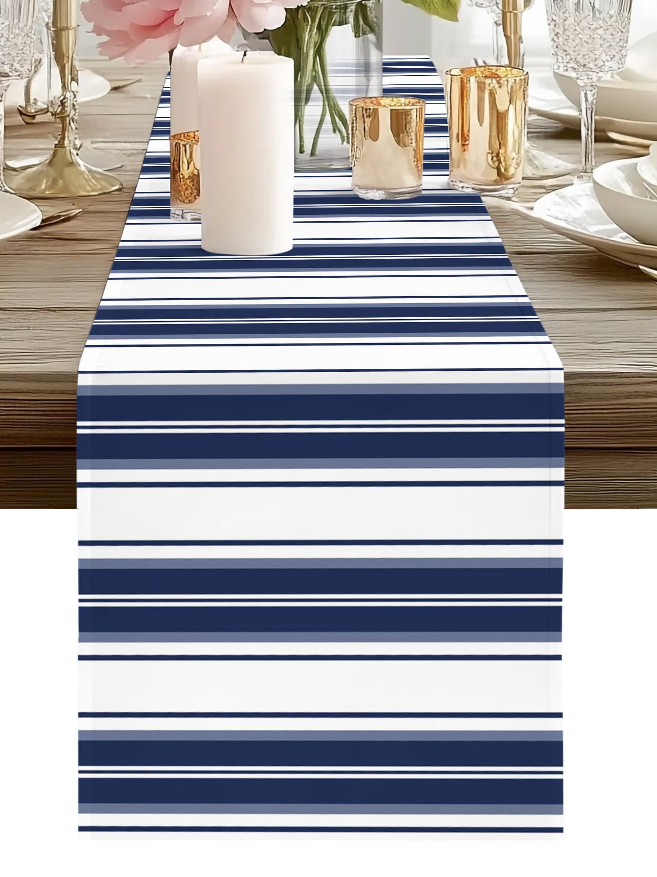 Burlap Table Runner 90 Inches Long, Minimalist Blue Stripes Non-Slip ...