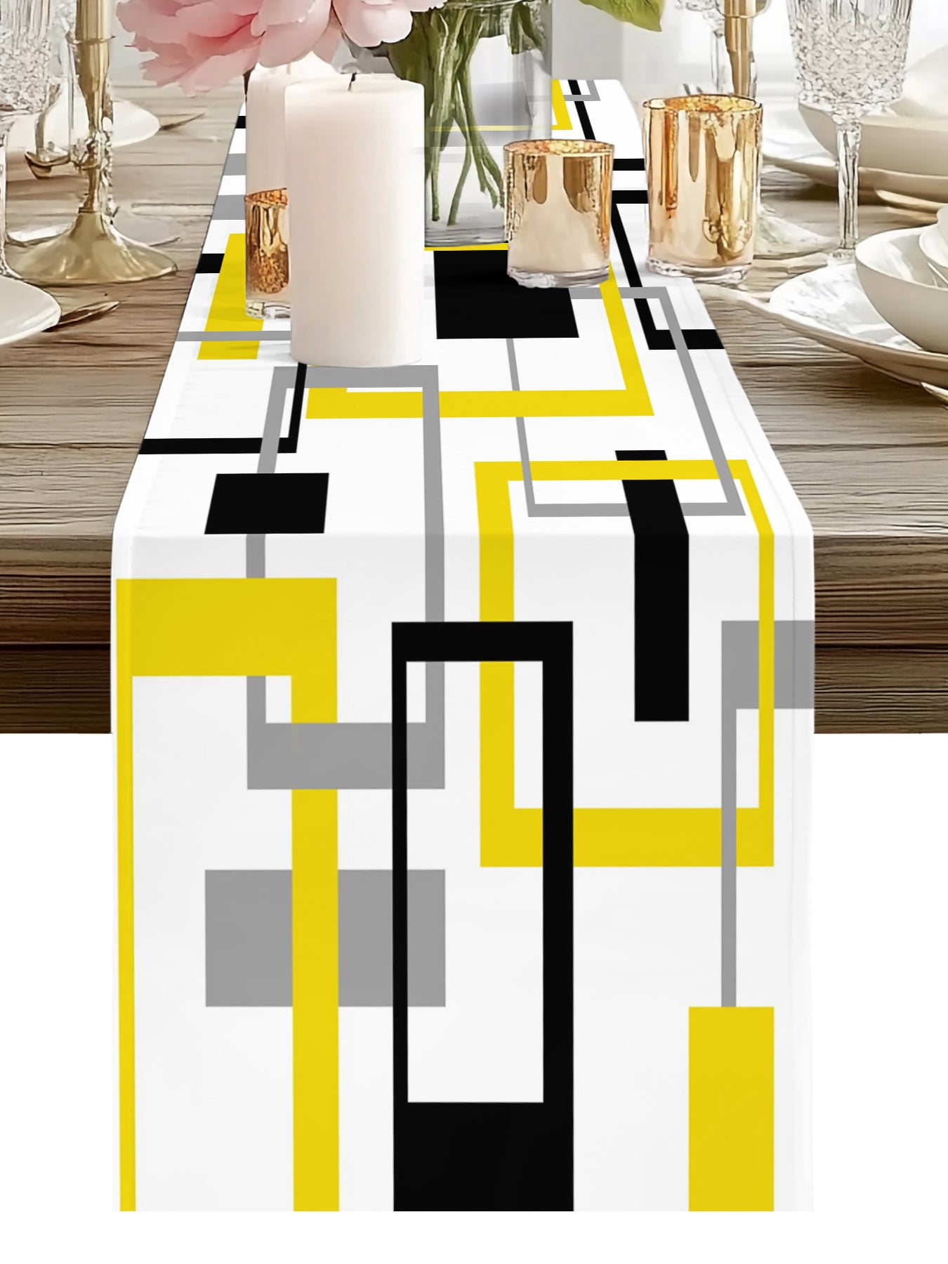 Burlap Table Runner 90 Inches Long, Modern Line Style Art Non-Slip ...