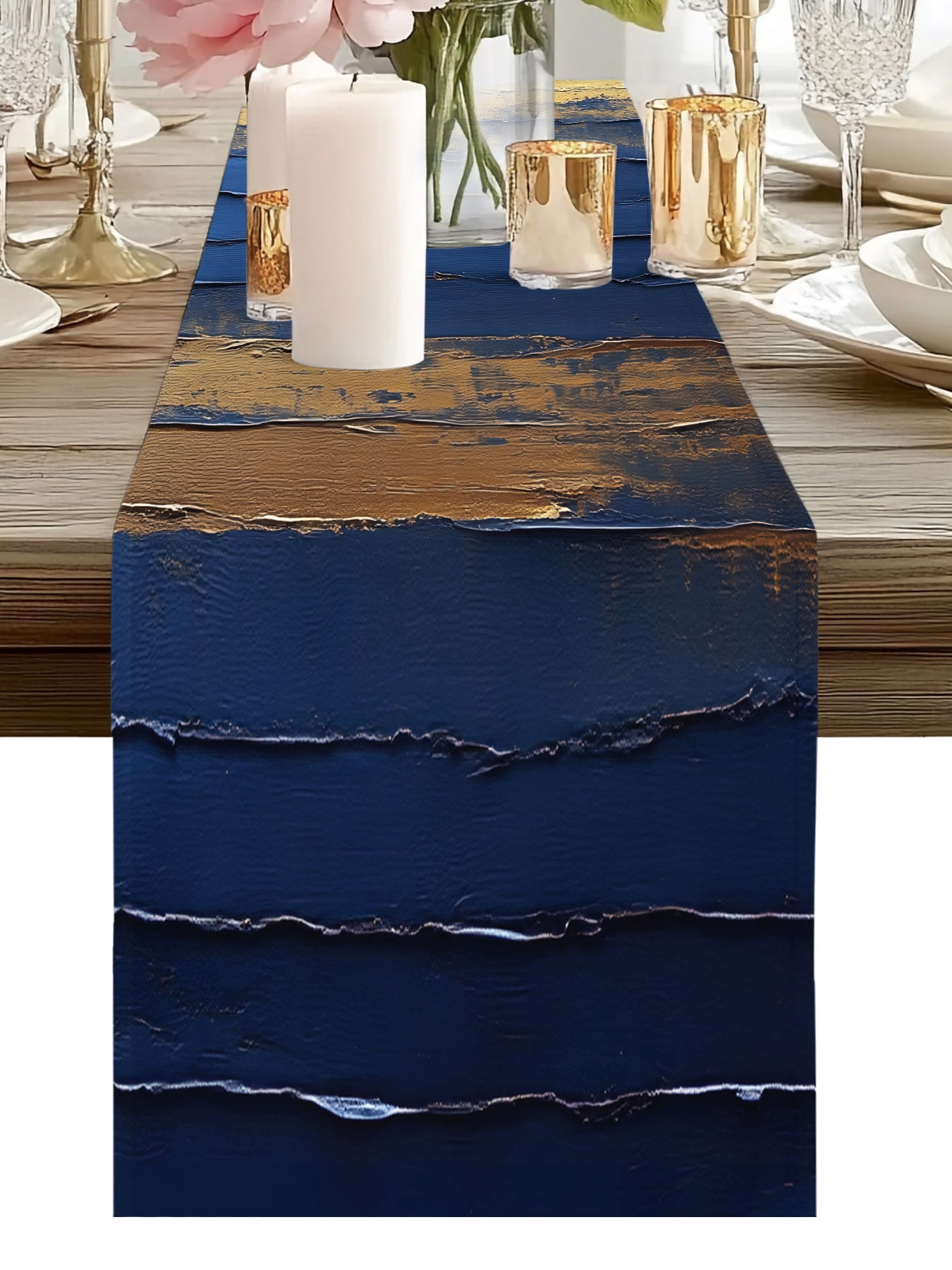 Burlap Table Runner 90 Inches Long, Modern Navy Blue Yellow Line Non ...