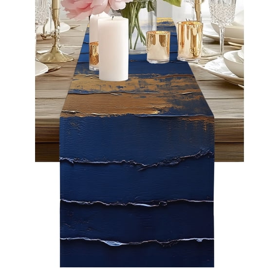Burlap Table Runner 90 Inches Long, Modern Navy Blue Yellow Line Non ...